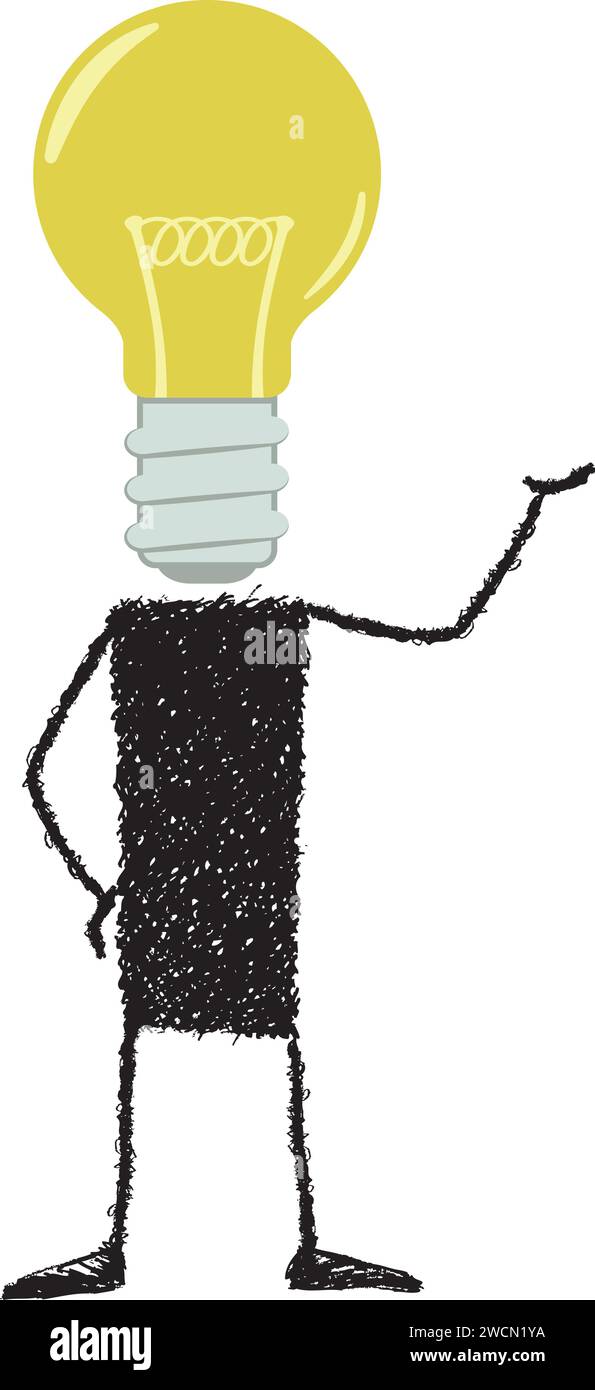 Illustration of a stick figure whose head is a light bulb. A person ...