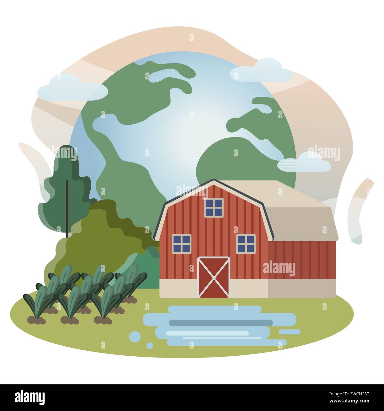 Eco farming illustration. Barn, earth, plant, water. Editable vector ...