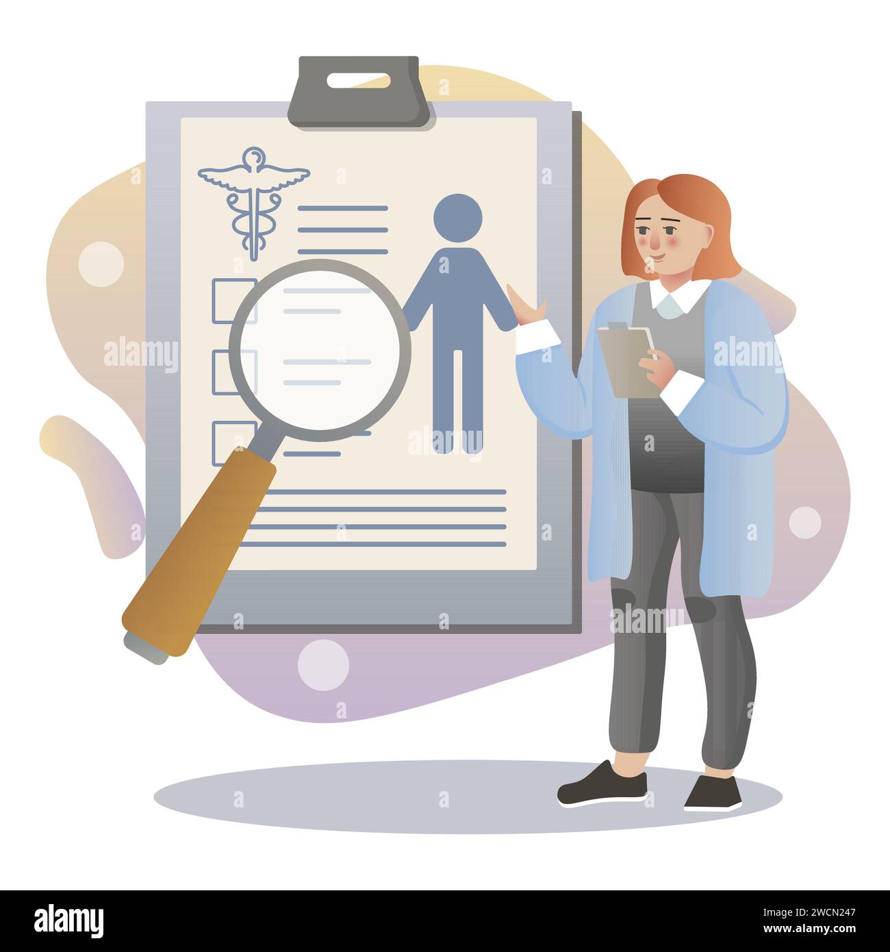 Medical check up illustration. Doctor, woman, record, magnifier ...