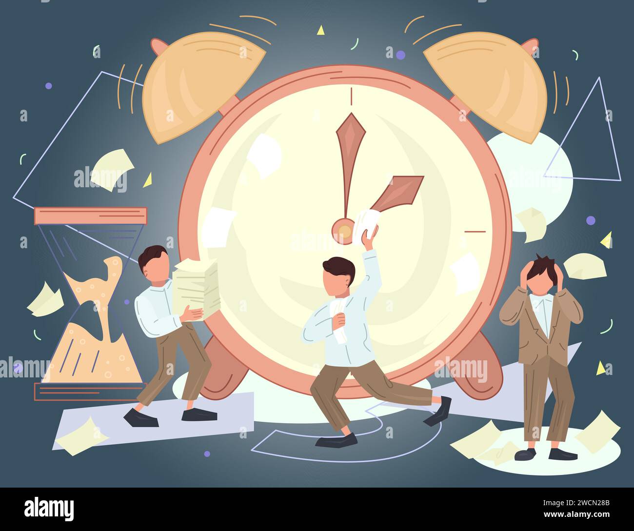 Deadline illustration. People, clock, papers, hourglass. Editable ...