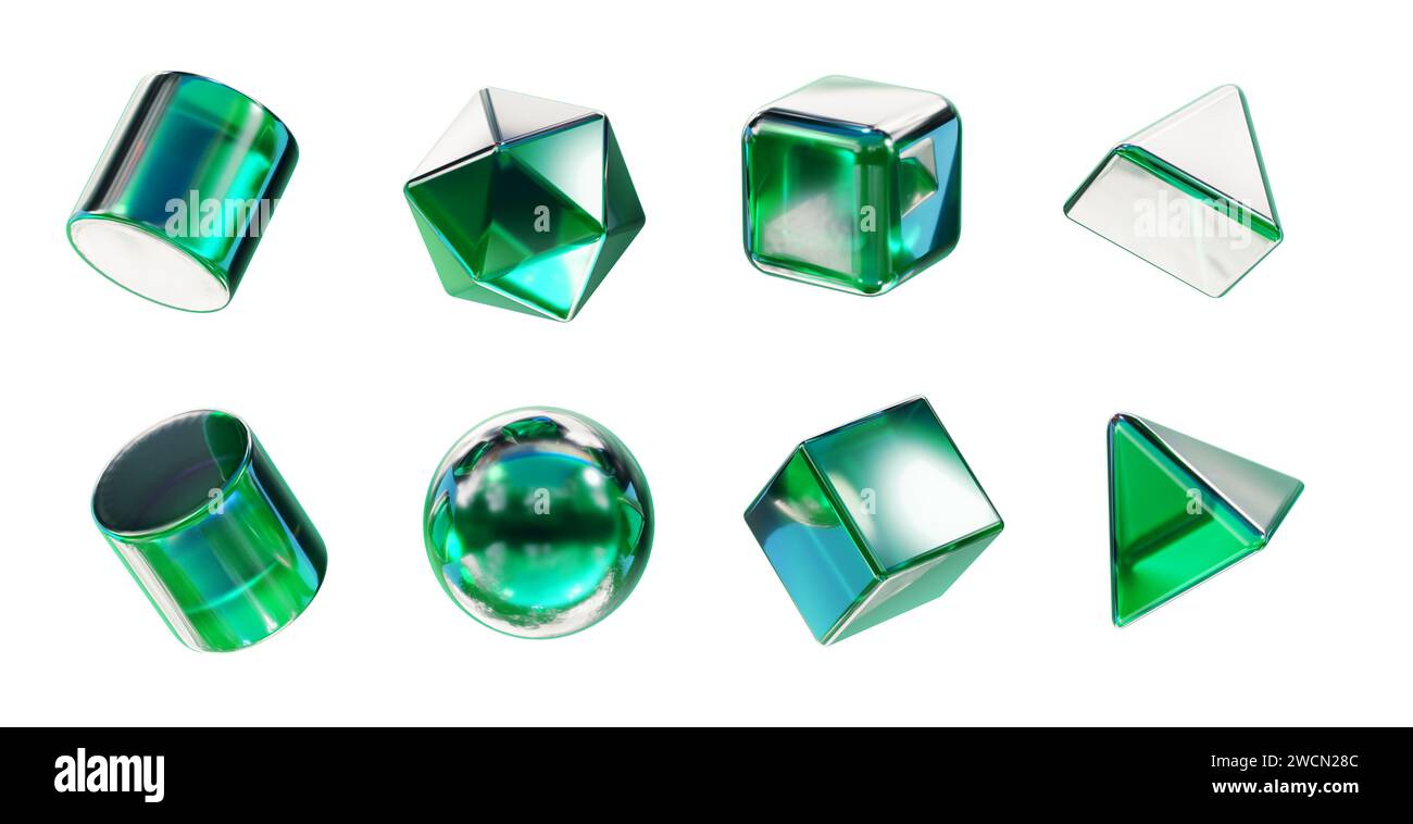 Green crystal geometry shape set isolated on white background 3d ...
