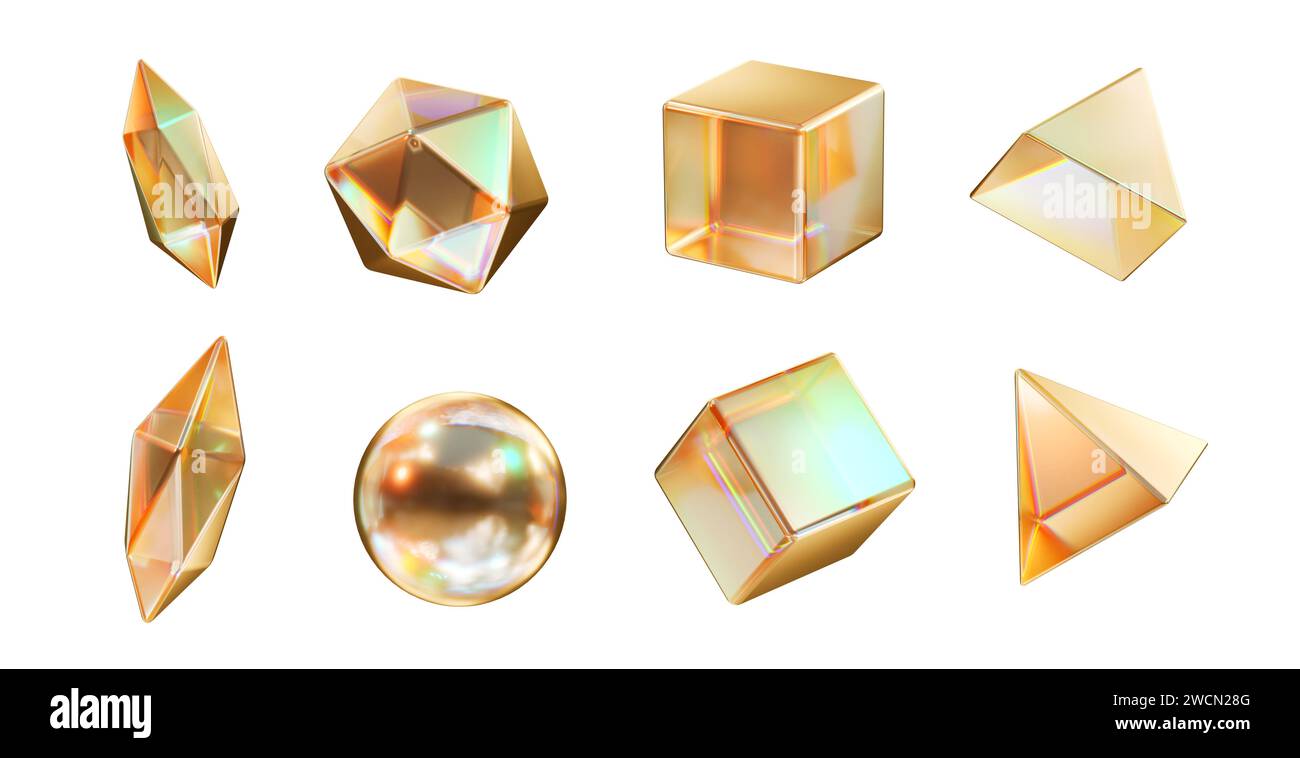 Gold crystal geometry shape set isolated on white background 3d ...