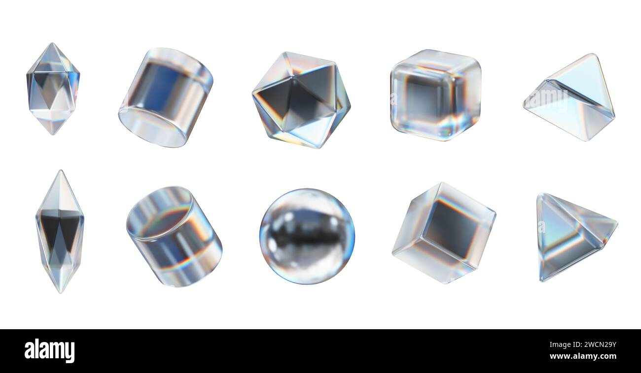 Crystal geometry shape set isolated on white background 3d rendering ...