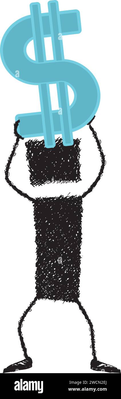 A stick figure raises above his head a large dollar symbol. It ...