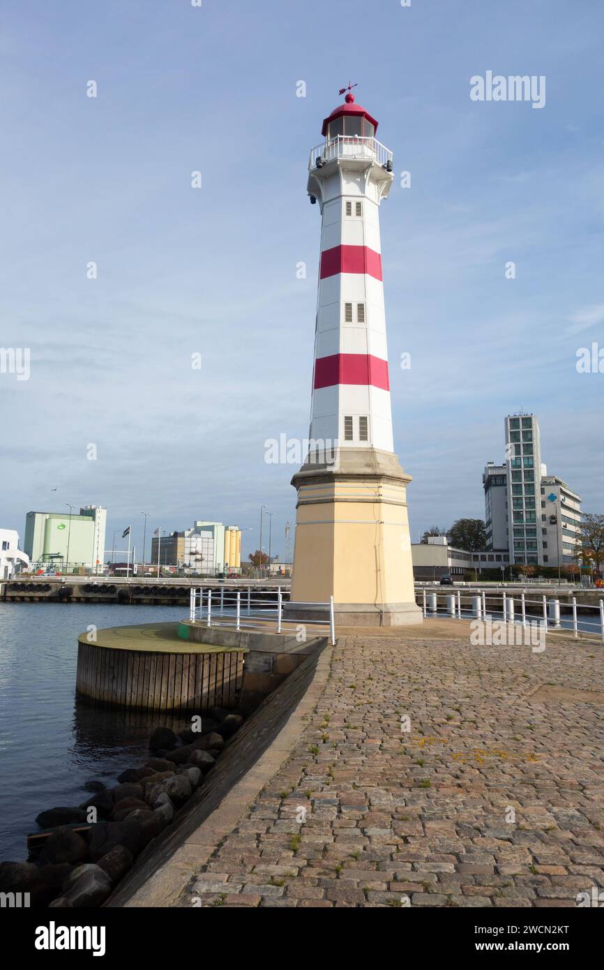 MALMO, SWEDEN - OCTOBER 26, 2014: Malmo Lighthouse with white and red ...