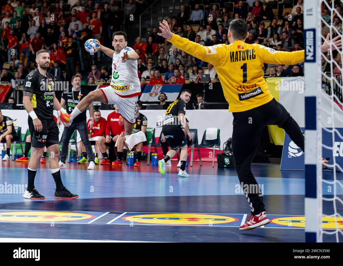 Muenchen, Deutschland. 16th Jan, 2024. Nemanja Ilic (Serbien/Serbia, #19) beim Wurf. GER ...