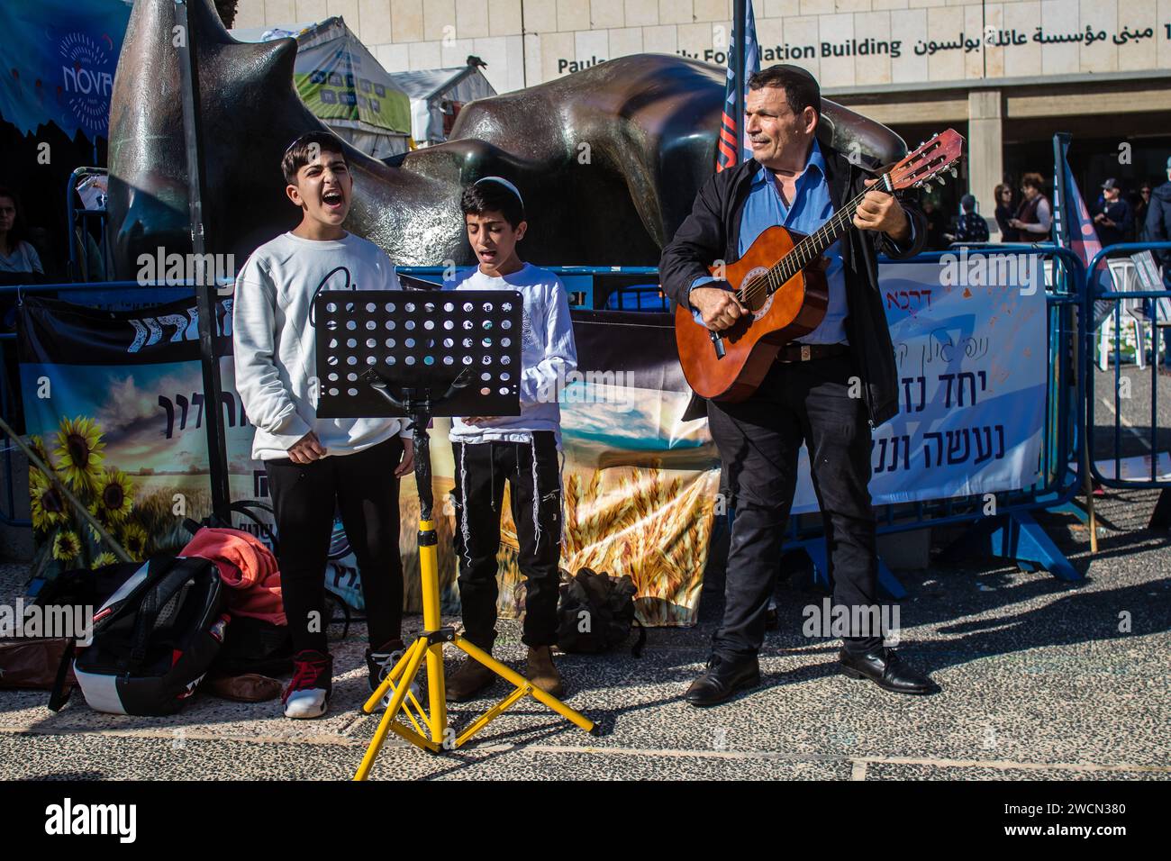 Tel Aviv, Israel - January 16, 2024 Israeli people singing at the Tel ...