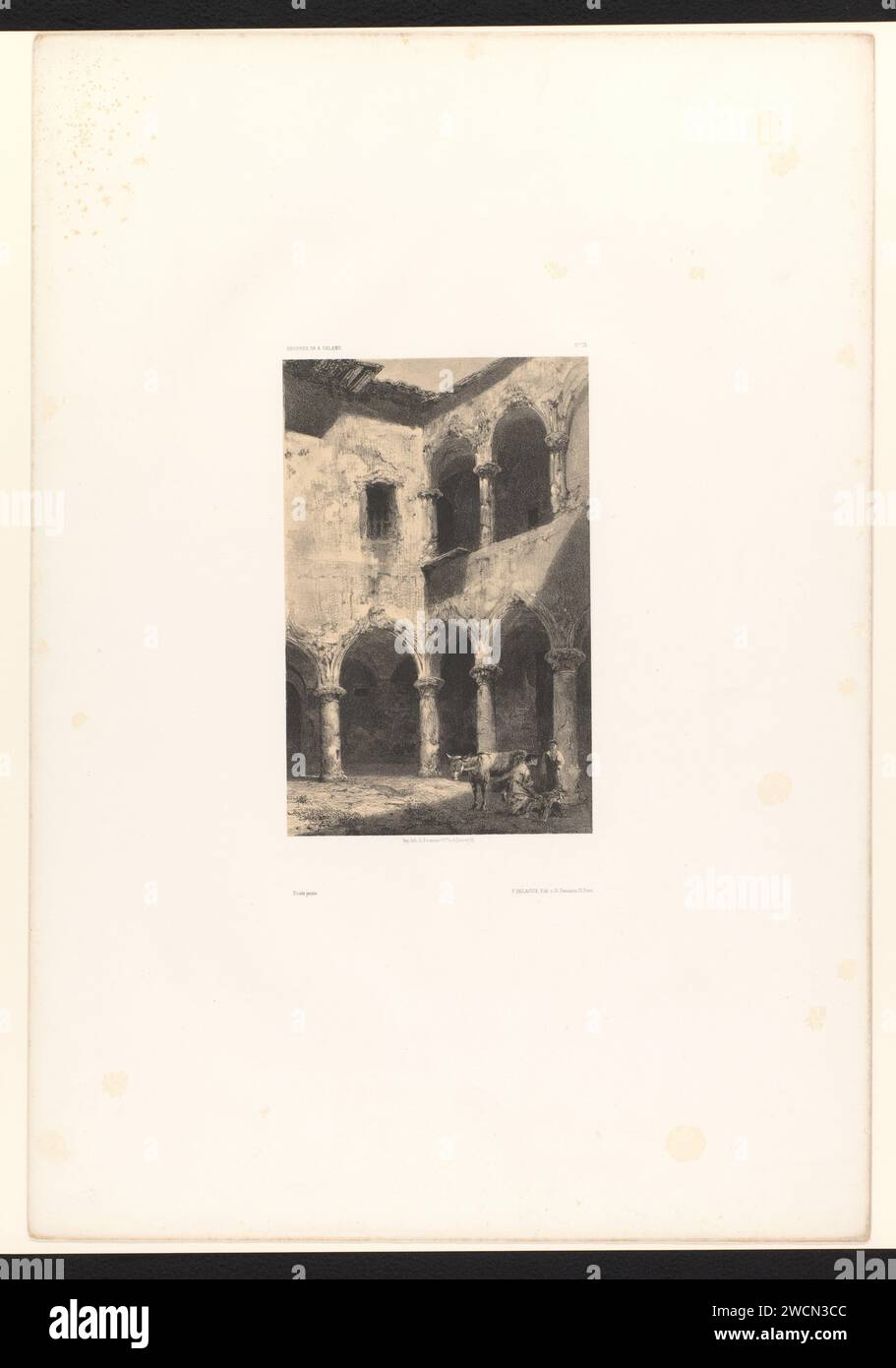 Two figures with a donkey in a courtyard, Alexandre Calame, 1852 - 1855 print Paris paper. ass ...
