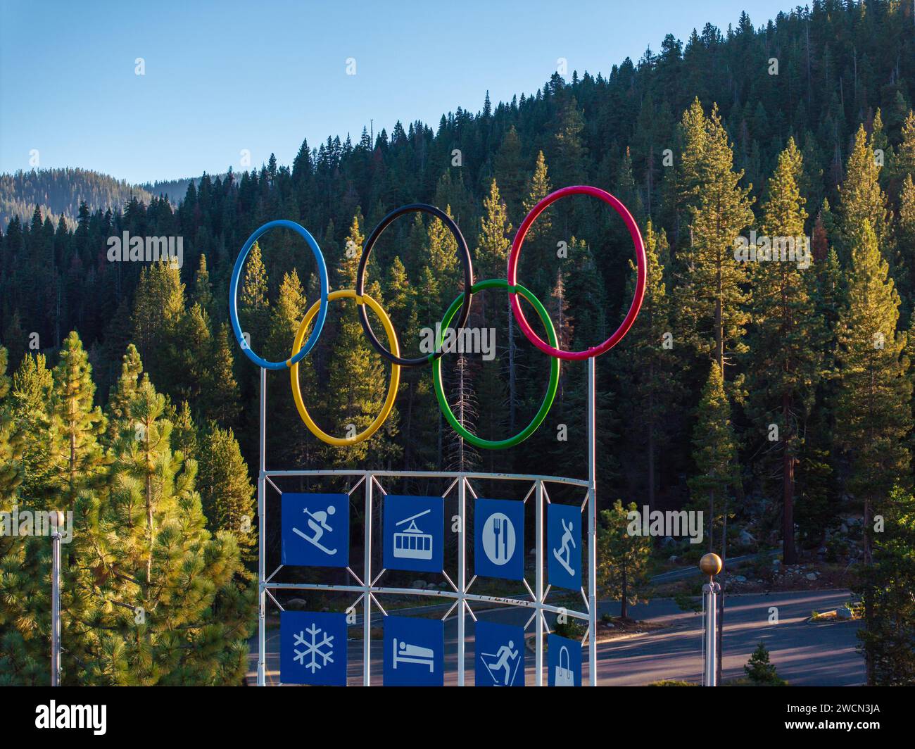 Monument sign at an intersection in Olympic Valley Stock Photo - Alamy