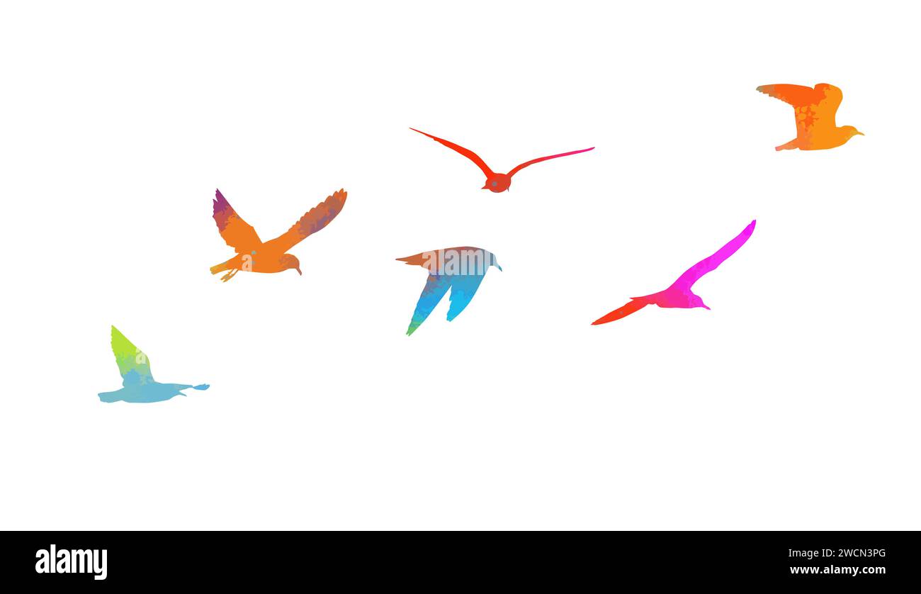 A flock of colored birds. Not AI, Flying seagulls. Vector illustration ...