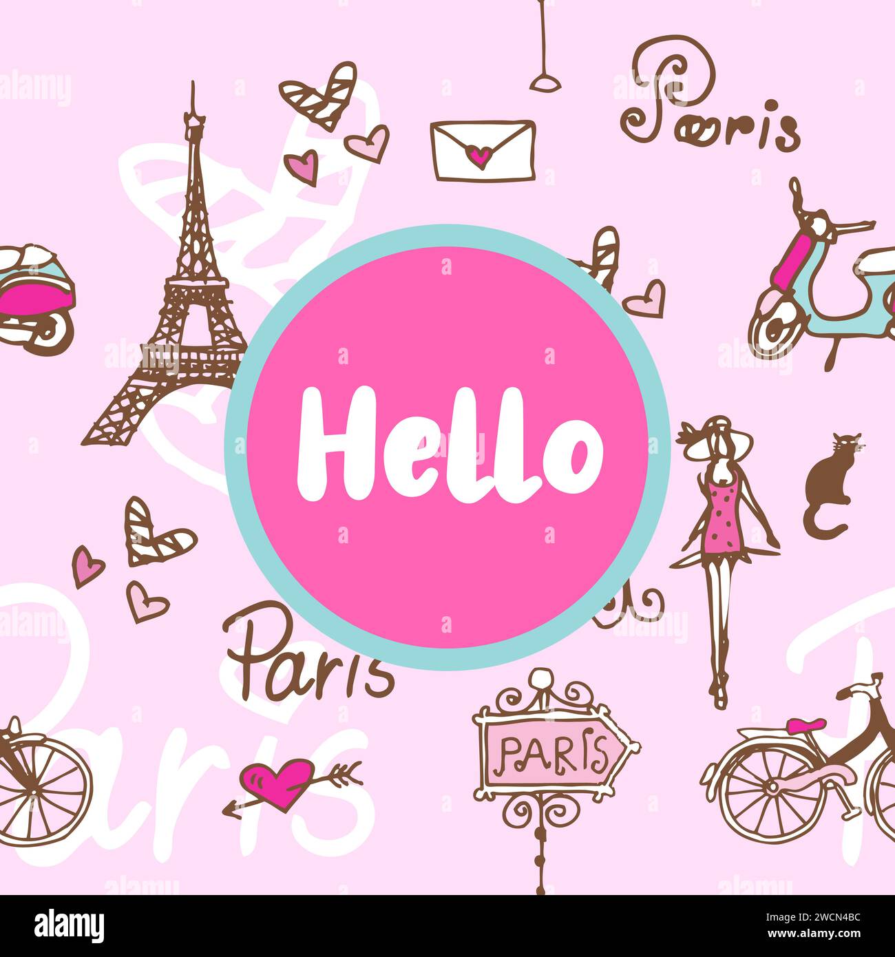 Hello Paris theme card template design with hand drawn illustration ...