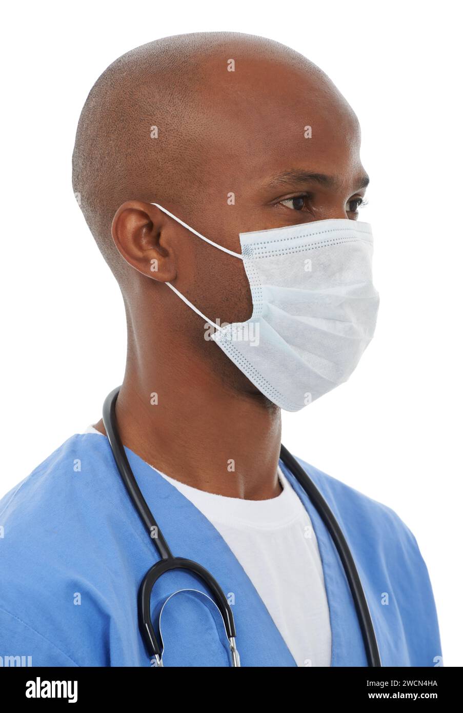 Thinking, man and doctor with a mask, professional and career isolated ...