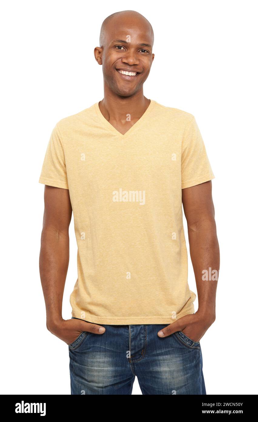 Portrait, smile and black man with fashion, stylish outfit and confident guy isolated on a white ...