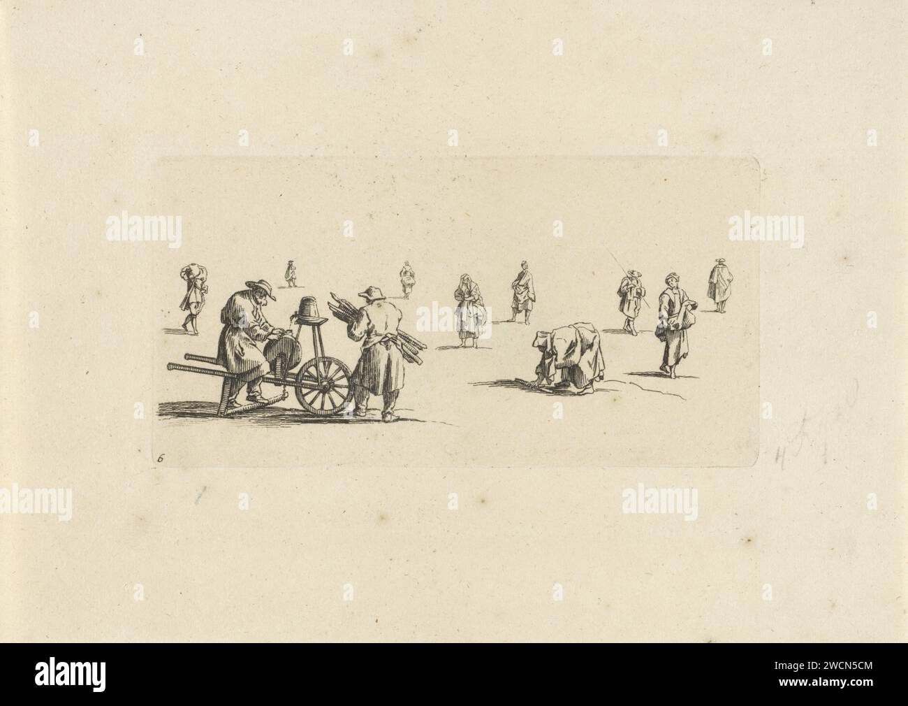Study sheet with figures including a knife grinder, Anonymous, 1675 ...