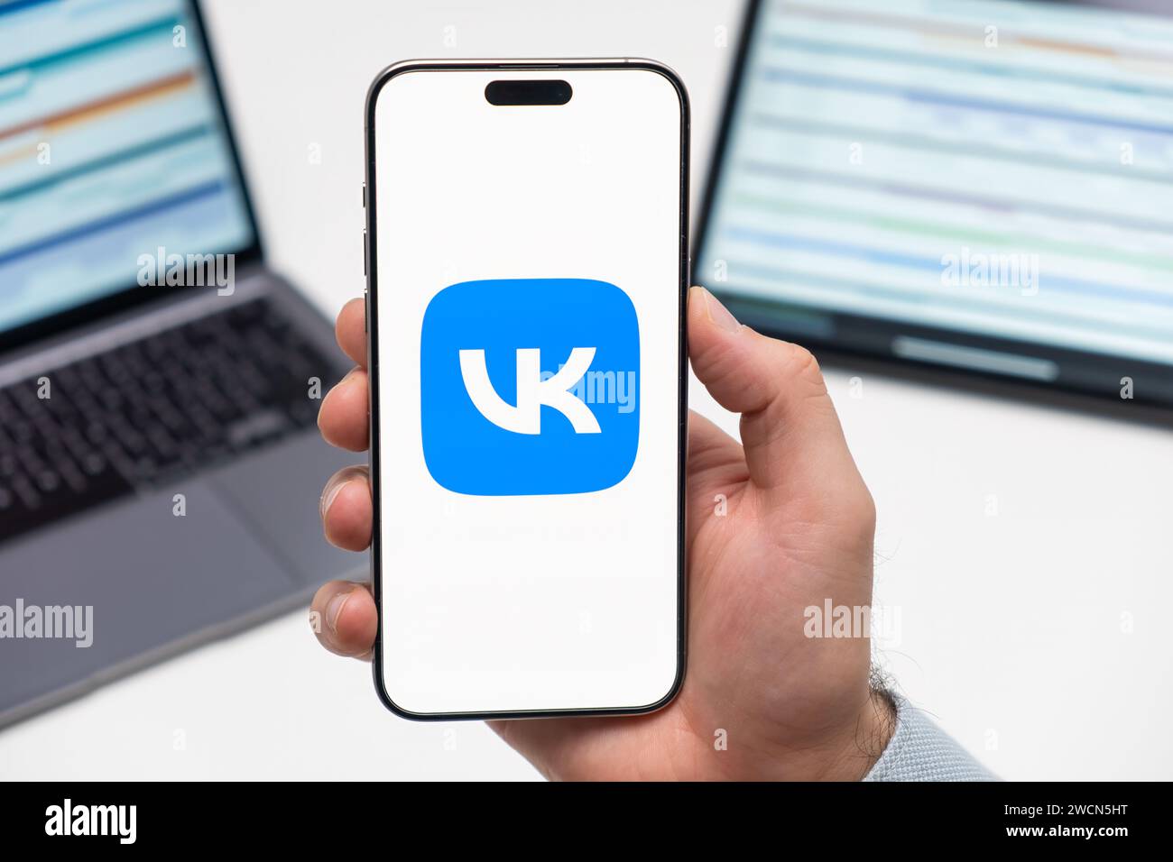 VK logo of social media application on the screen of smart phone in ...