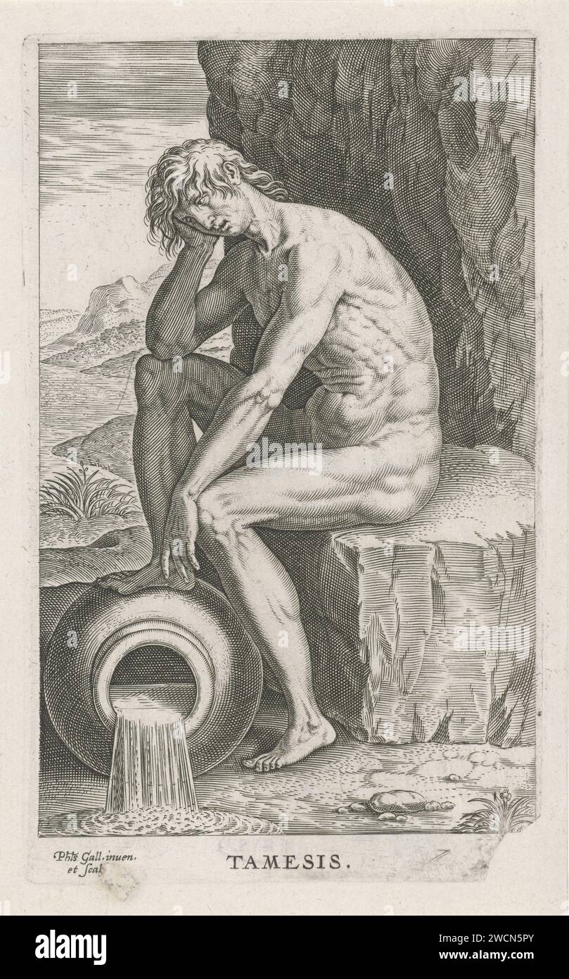 Riviergod Tamesis, Philips Galle, 1586 print The river god Tamesis (the ...