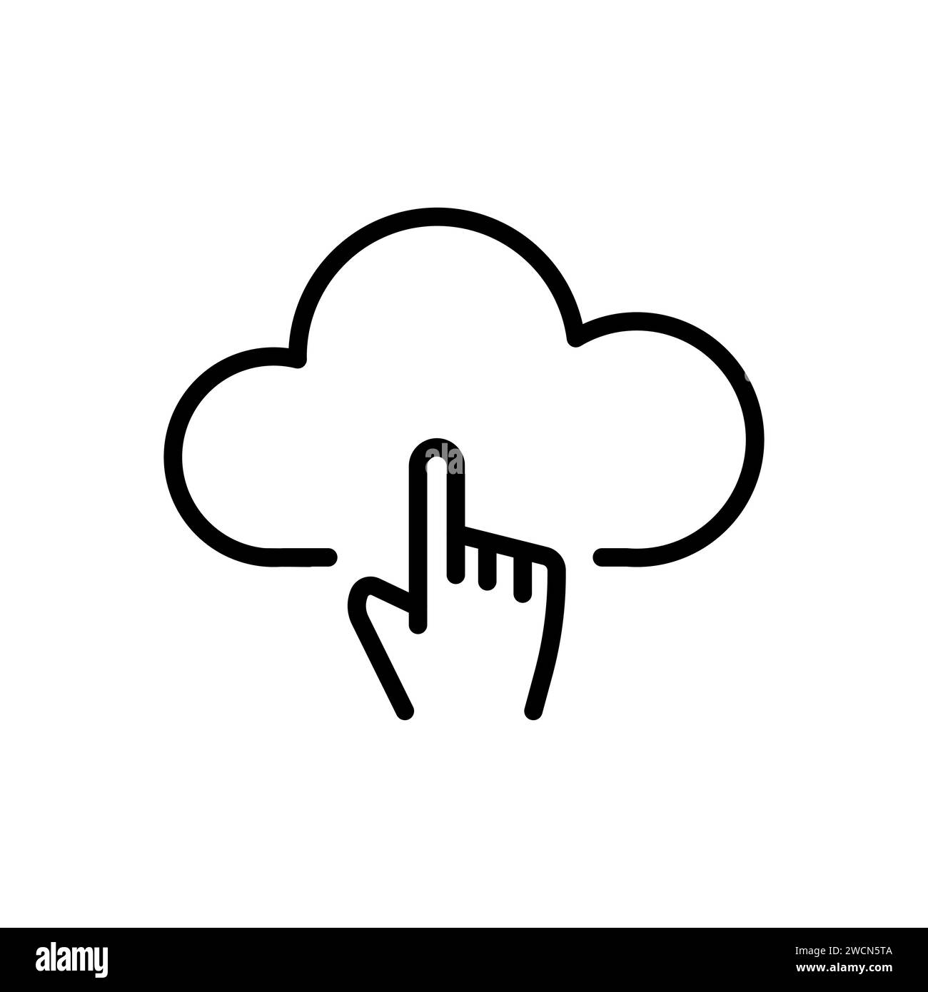 Vector black line icon hand touches the cloud isolated on white ...