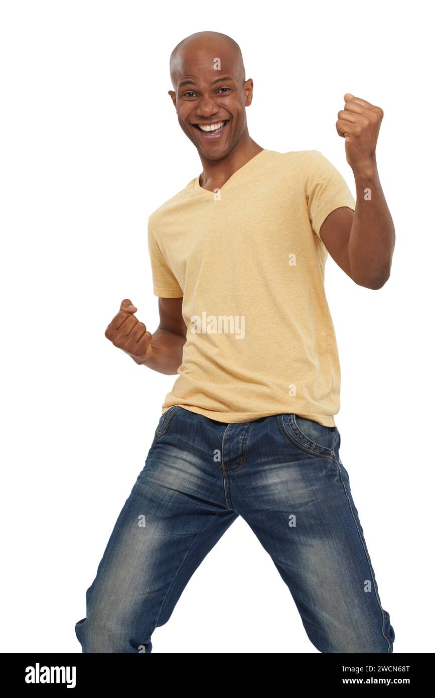 Cheering, excited and black man with celebration, success and ...