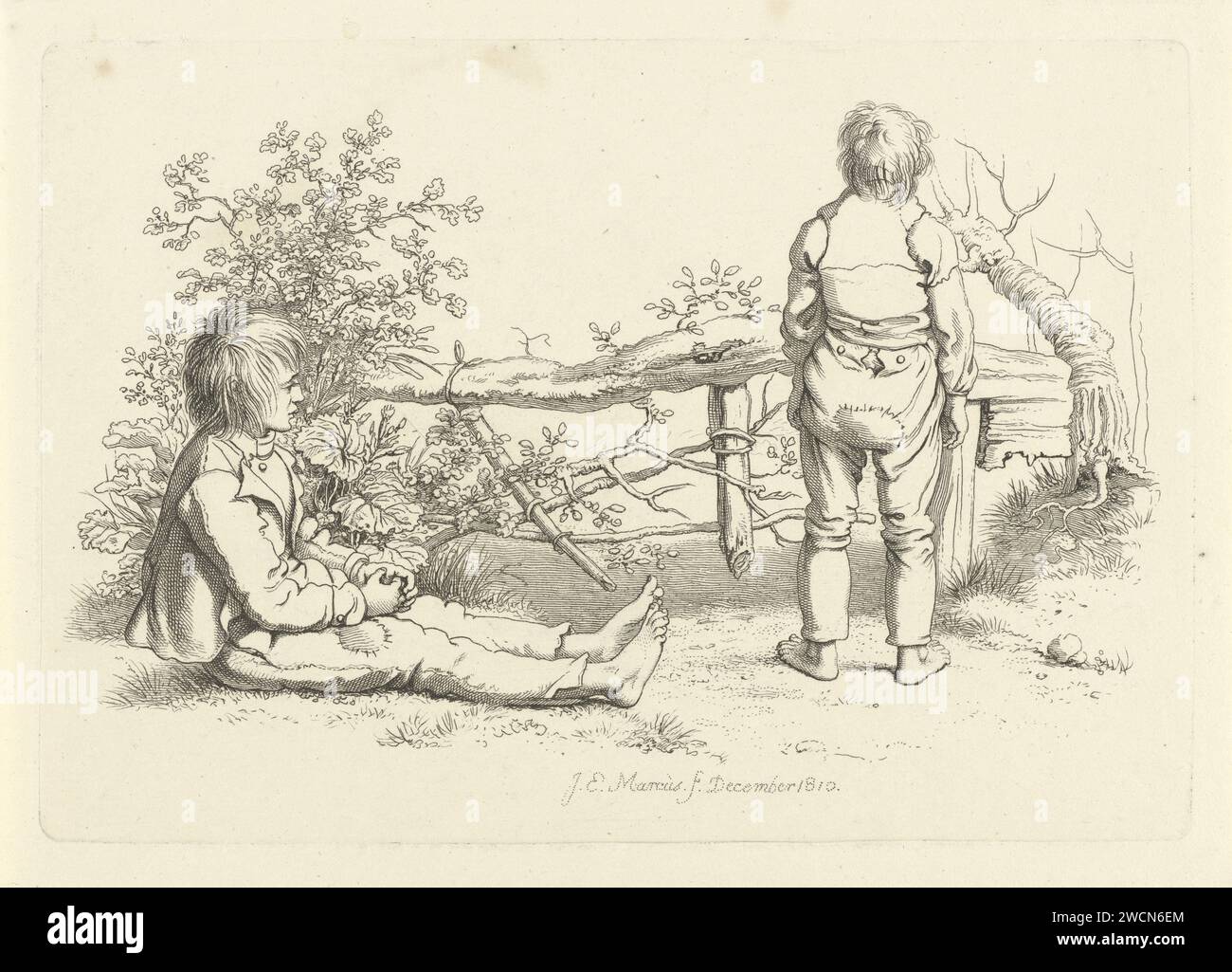 Two boys at a fence, Jacob Ernst Marcus, 1810 print A sitting and a ...
