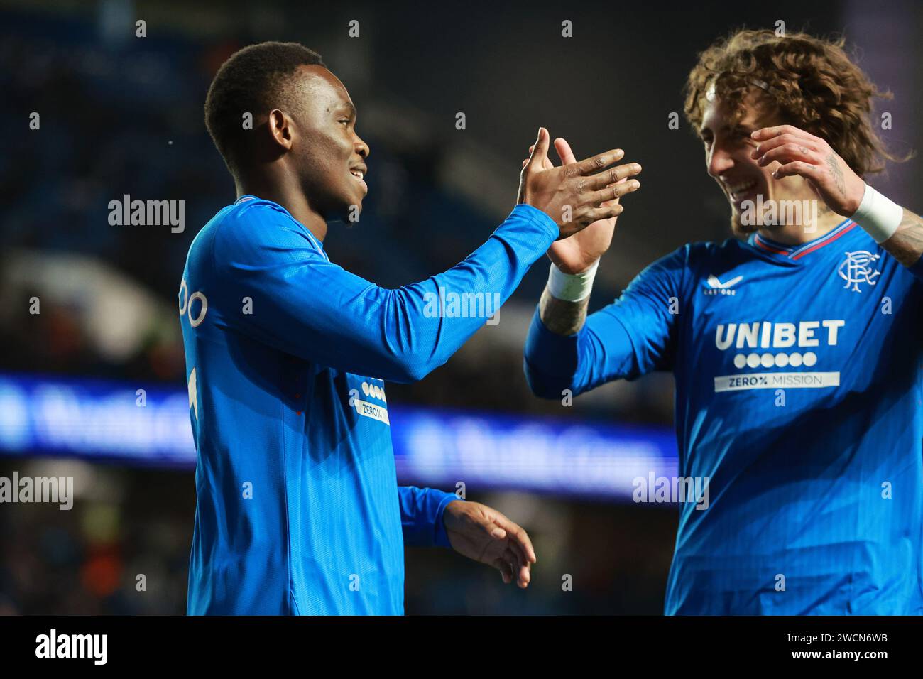 Rangers’ Rabbi Matondo (left) celebrates scoring the opening goal of ...