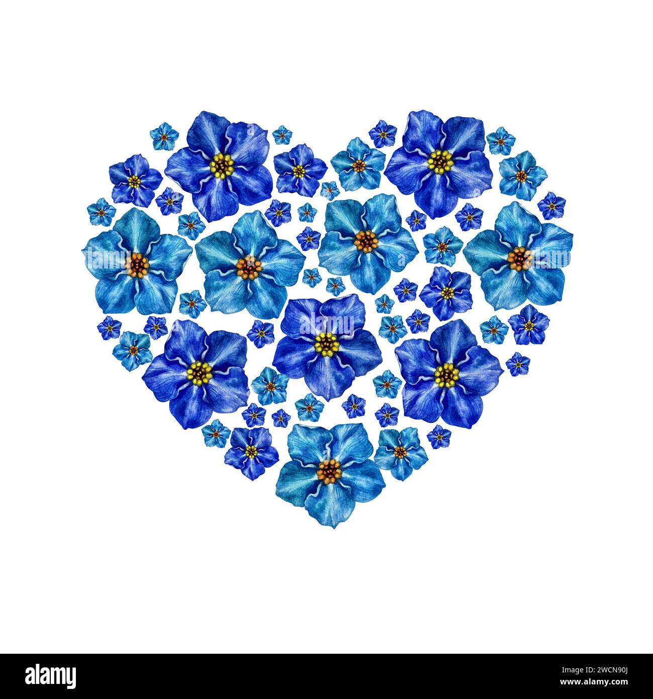 Blue floral heart with delicate forget me not flowers painted in ...