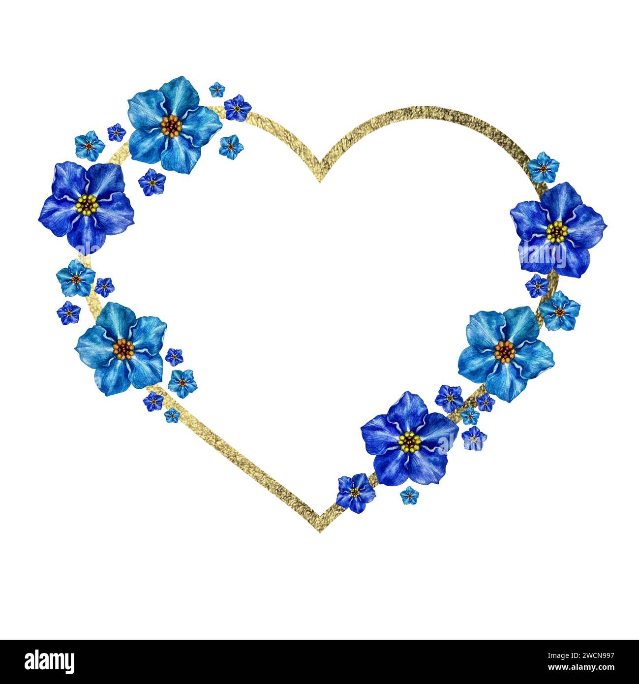 Blue floral heart with delicate forget me not flowers painted in ...