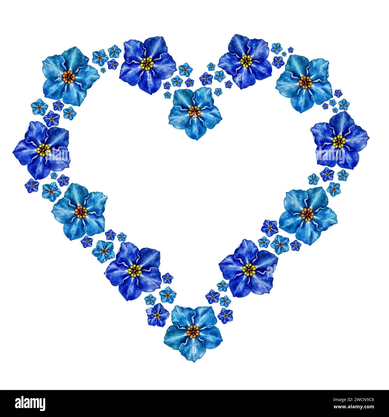 Blue floral heart with delicate forget me not flowers painted in ...