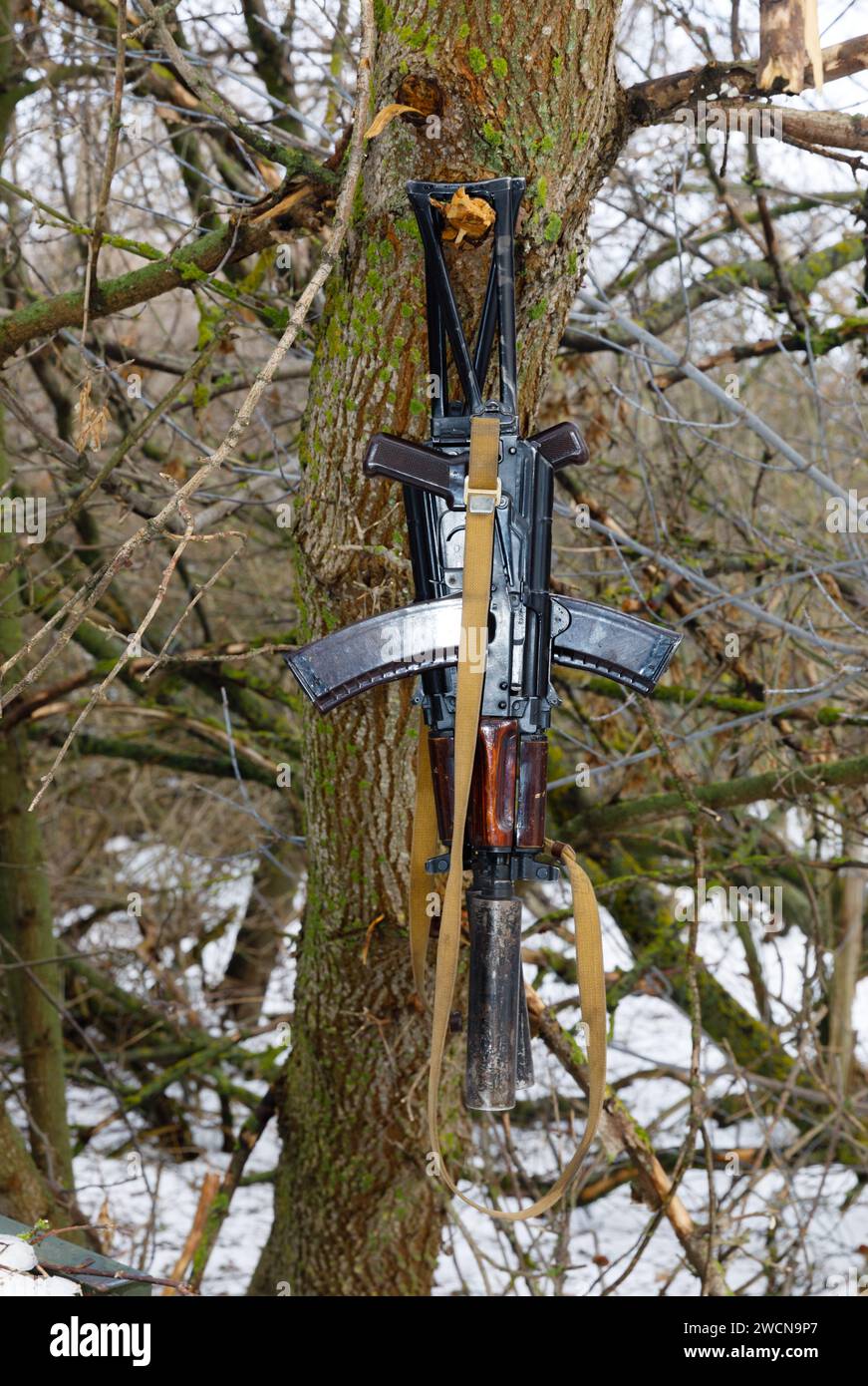 Military assault rifles seen hanging on a tree. Tank battalion of the ...
