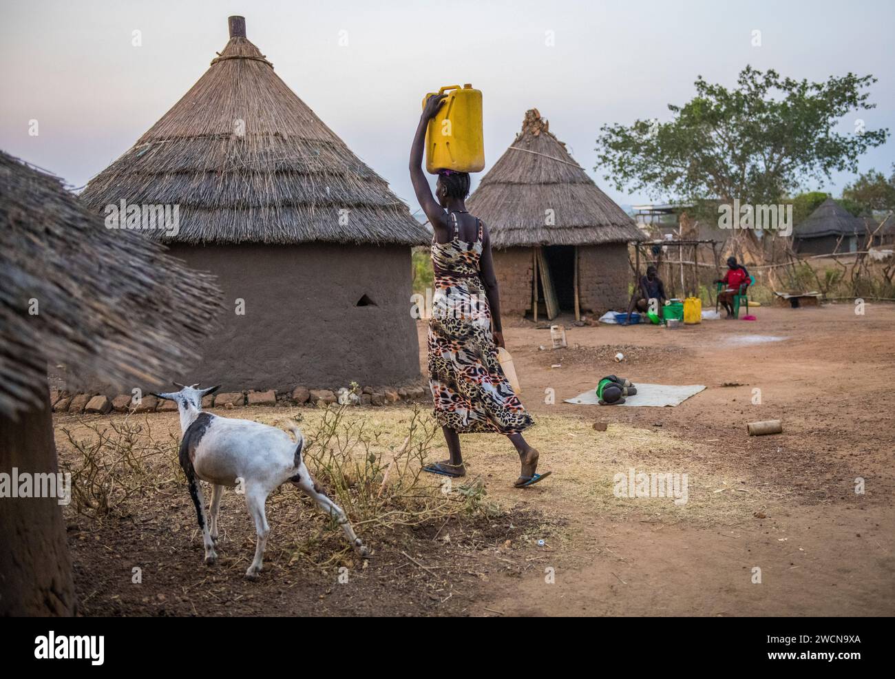 Uganda, Adjumani. A woman in a refugee camp carries water on her head ...