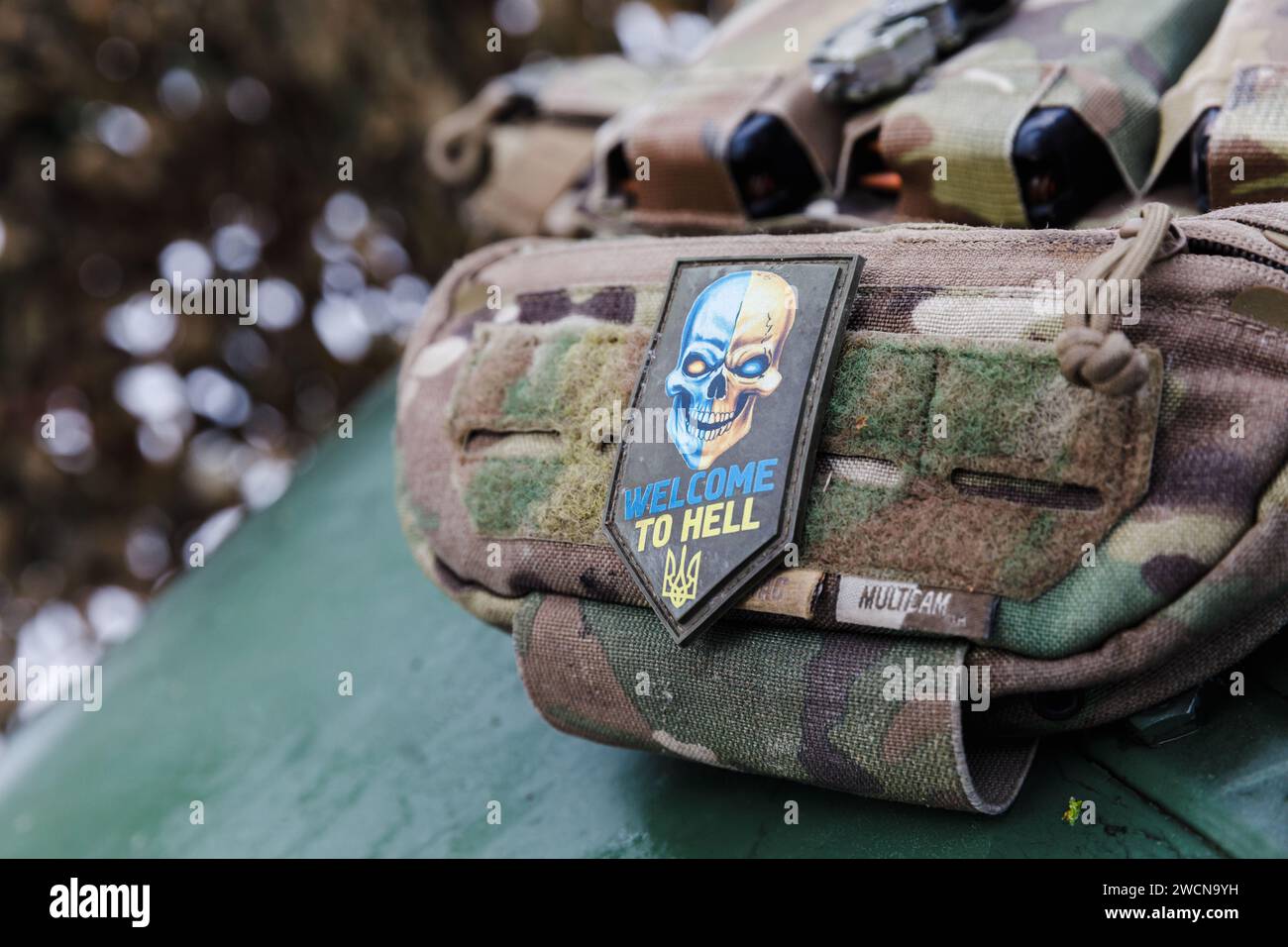 A chevron with the inscription Welcome to Hell with a skull in the ...