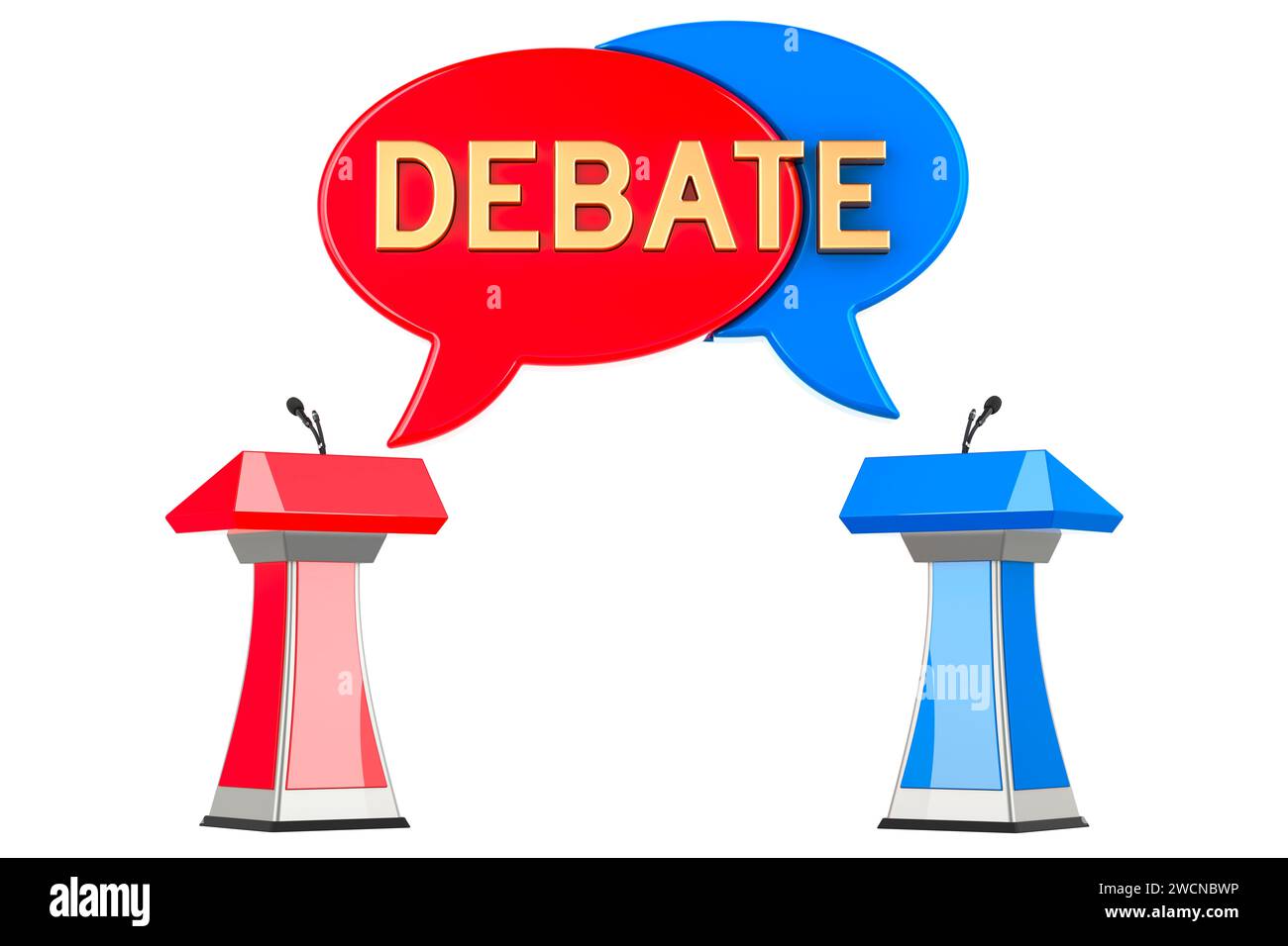 Debate, concept with microphones and tribunes. 3D rendering isolated on ...