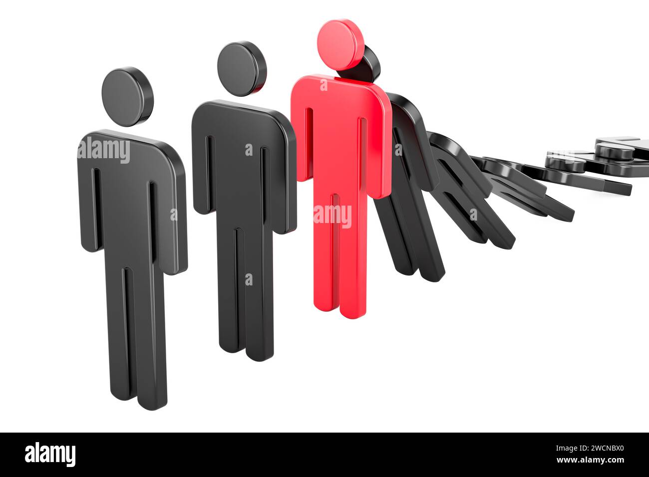 Domino effect. Stick figure stopping the domino effect. 3D rendering ...
