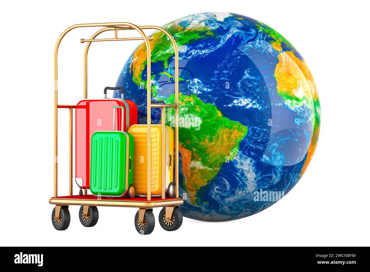Earth Globe with hotel luggage trolley cart with baggage. 3D rendering ...