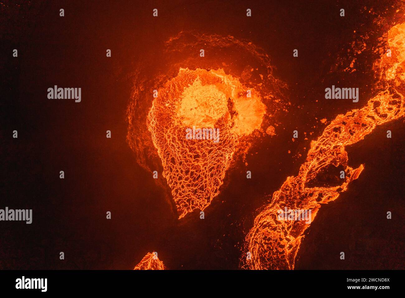 Aerial View of volcanic eruption at Fagradallsfjall, Geldingadalur in ...