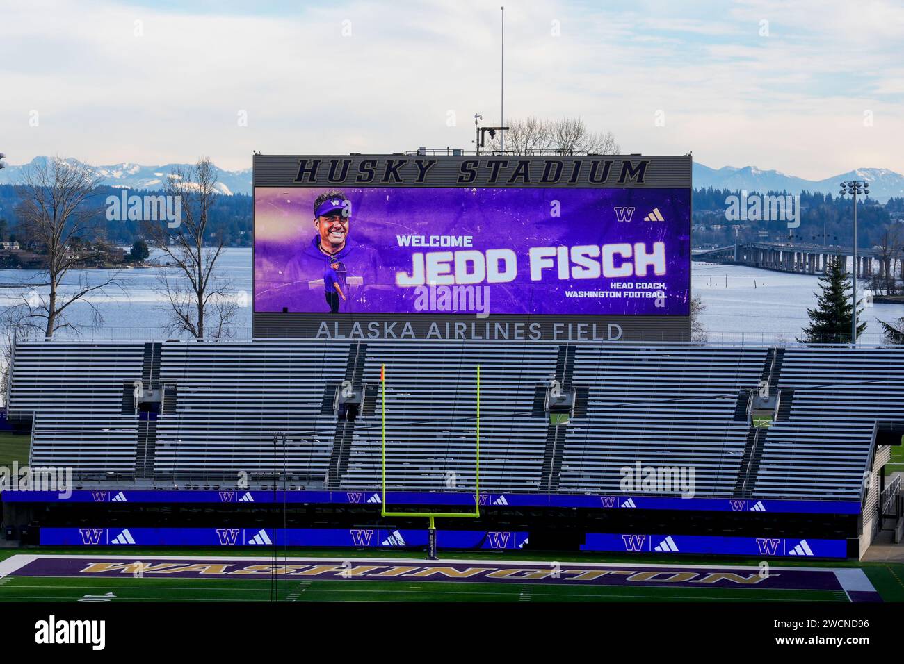 A display board in Husky Stadium shows a welcome message for new ...