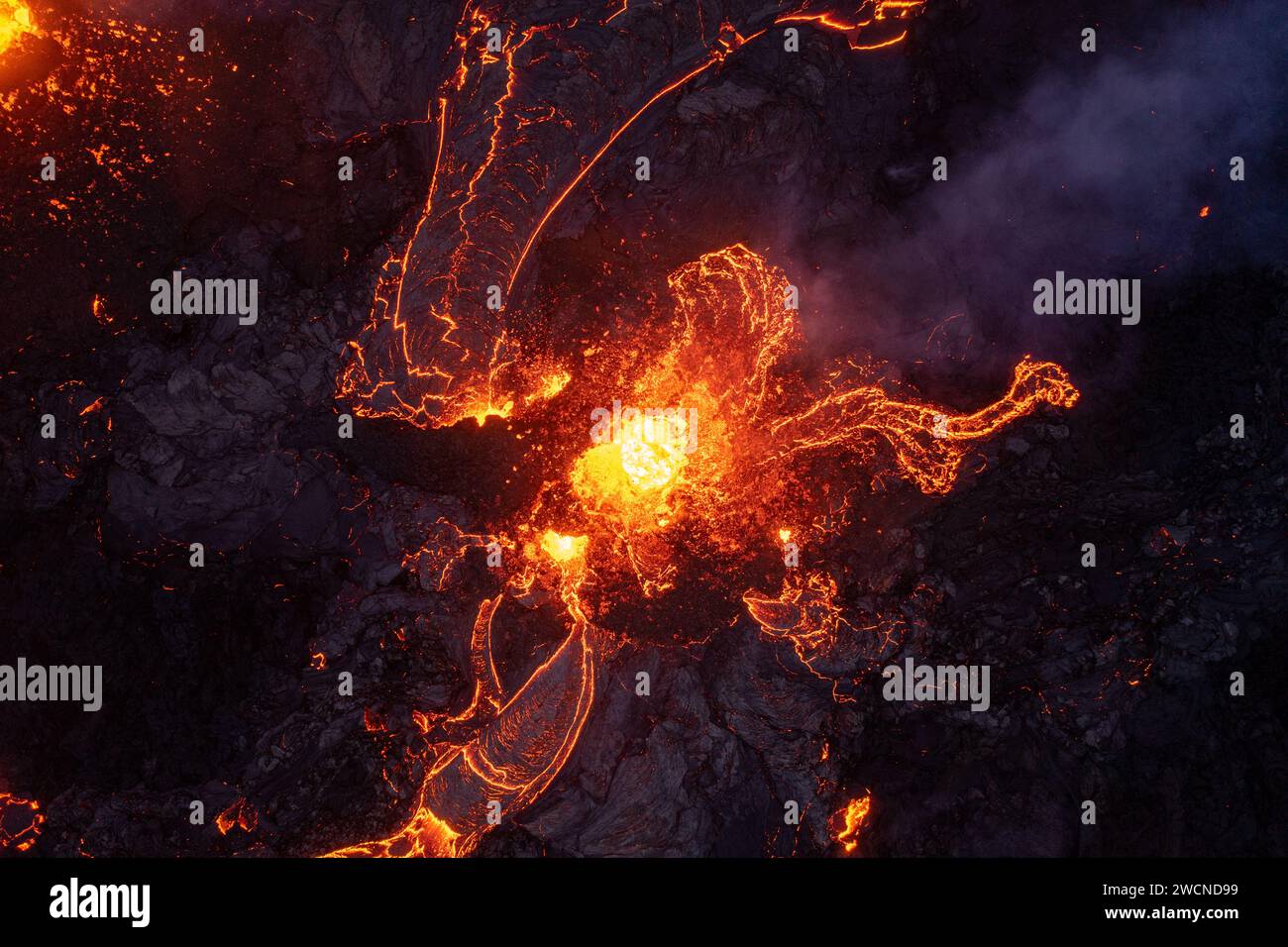 Aerial View of lava river of volcanic eruption at Fagradallsfjall ...