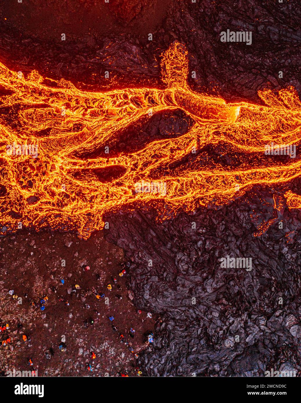 Aerial View of lava river volcanic eruption at Fagradallsfjall ...