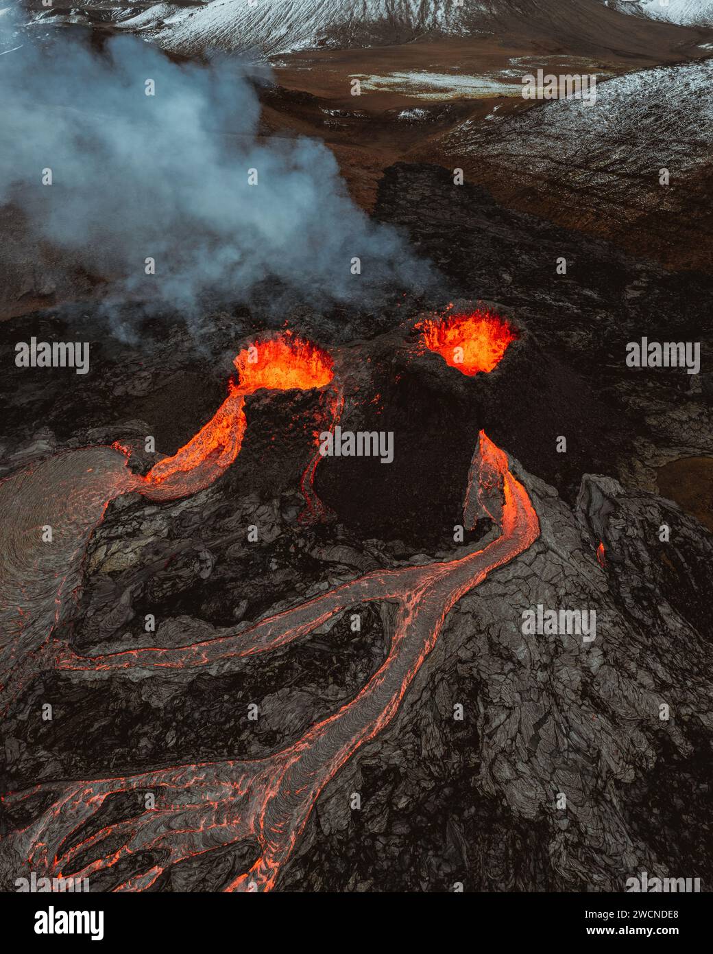 Aerial View of volcanic eruption at Fagradallsfjall, Geldingadalur in ...