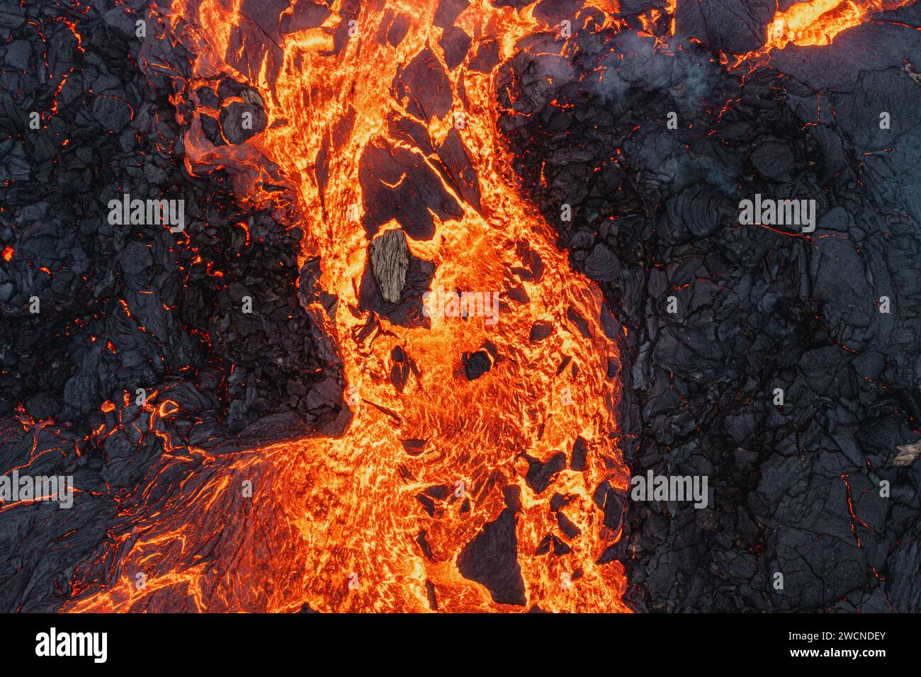 Aerial View of volcanic eruption at Fagradallsfjall, Geldingadalur in ...