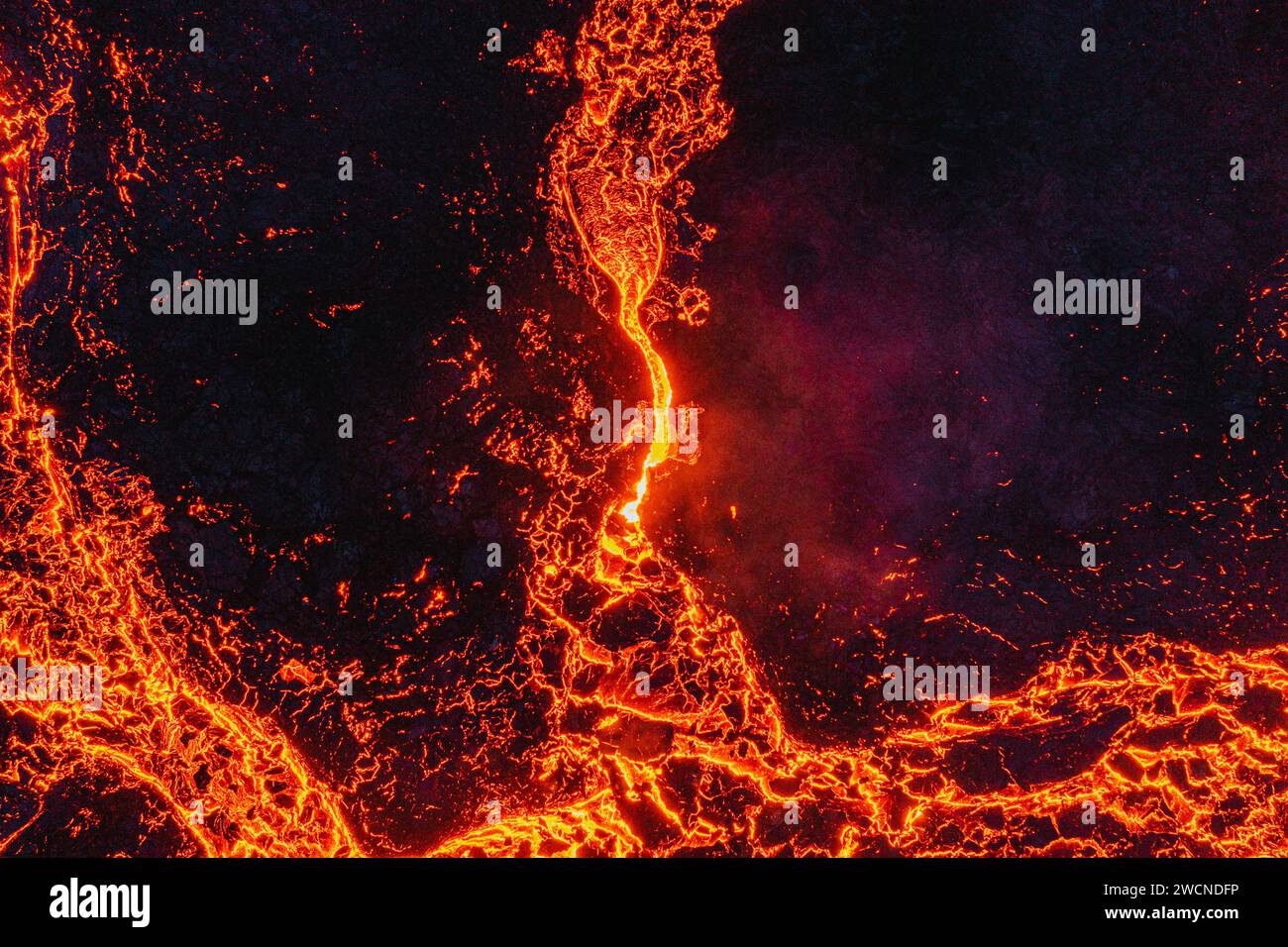 Aerial View of volcanic eruption at Fagradallsfjall, Geldingadalur in ...