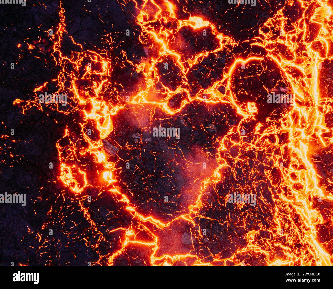 Aerial View of lava flow during volcanic eruption at Fagradallsfjall ...