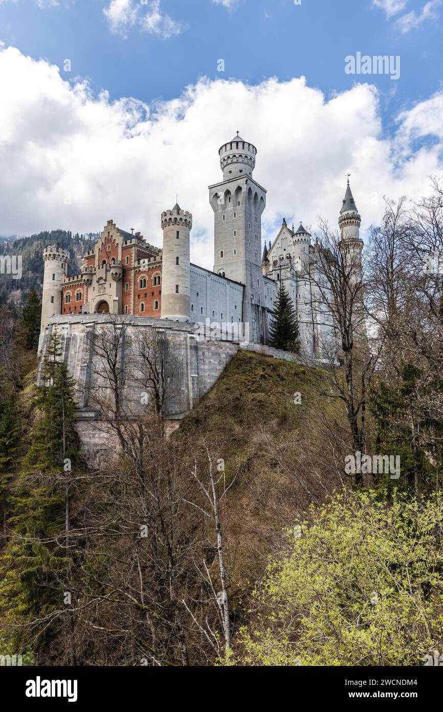 The Neuschwanstein castle from above in Schwangau, a Bavarian village ...
