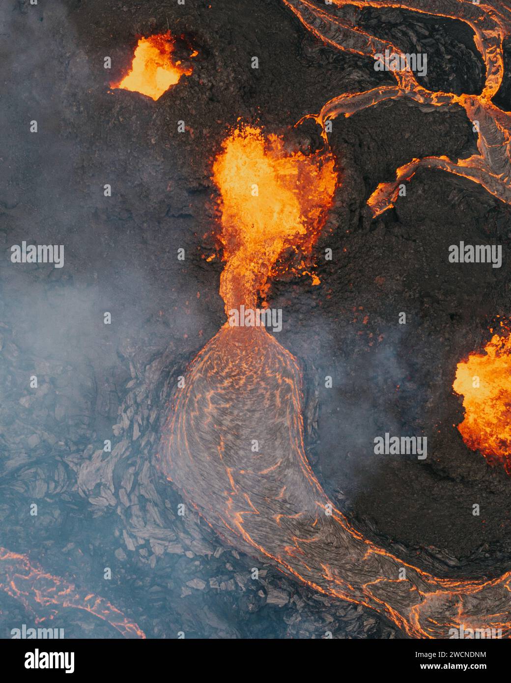 Aerial View of volcanic eruption at Fagradallsfjall, Geldingadalur in ...