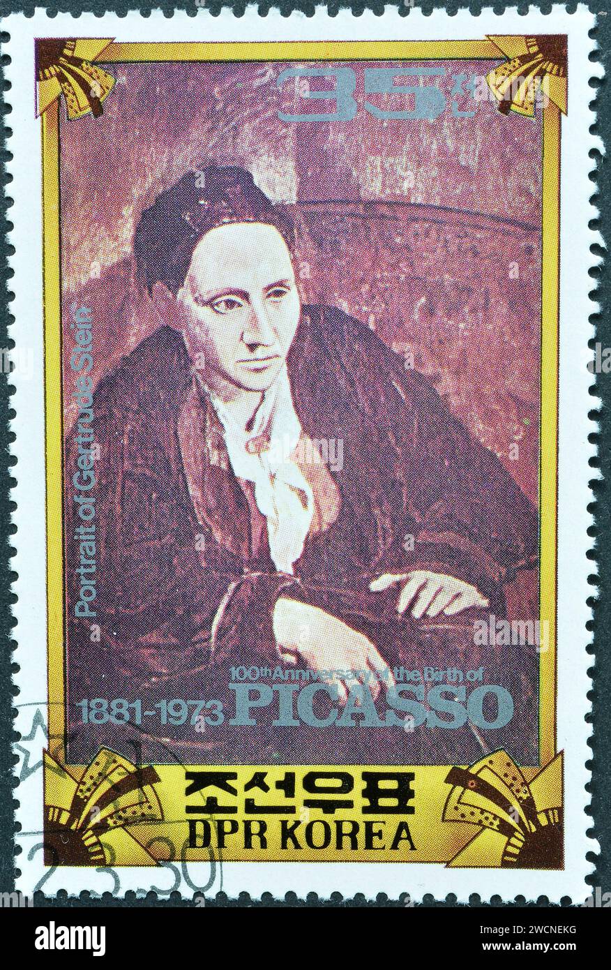 Cancelled postage stamp printed by North Korea, that shows painting ...