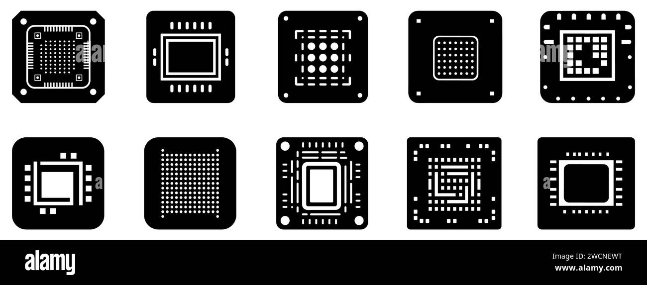 Chip Icon Cpu Symbol Set Of Black And White Microchip Icons Vector Illustration Stock Vector