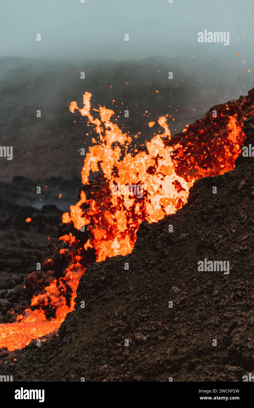Lava spewing from crater in Geldingadalur Eruption site in Iceland ...