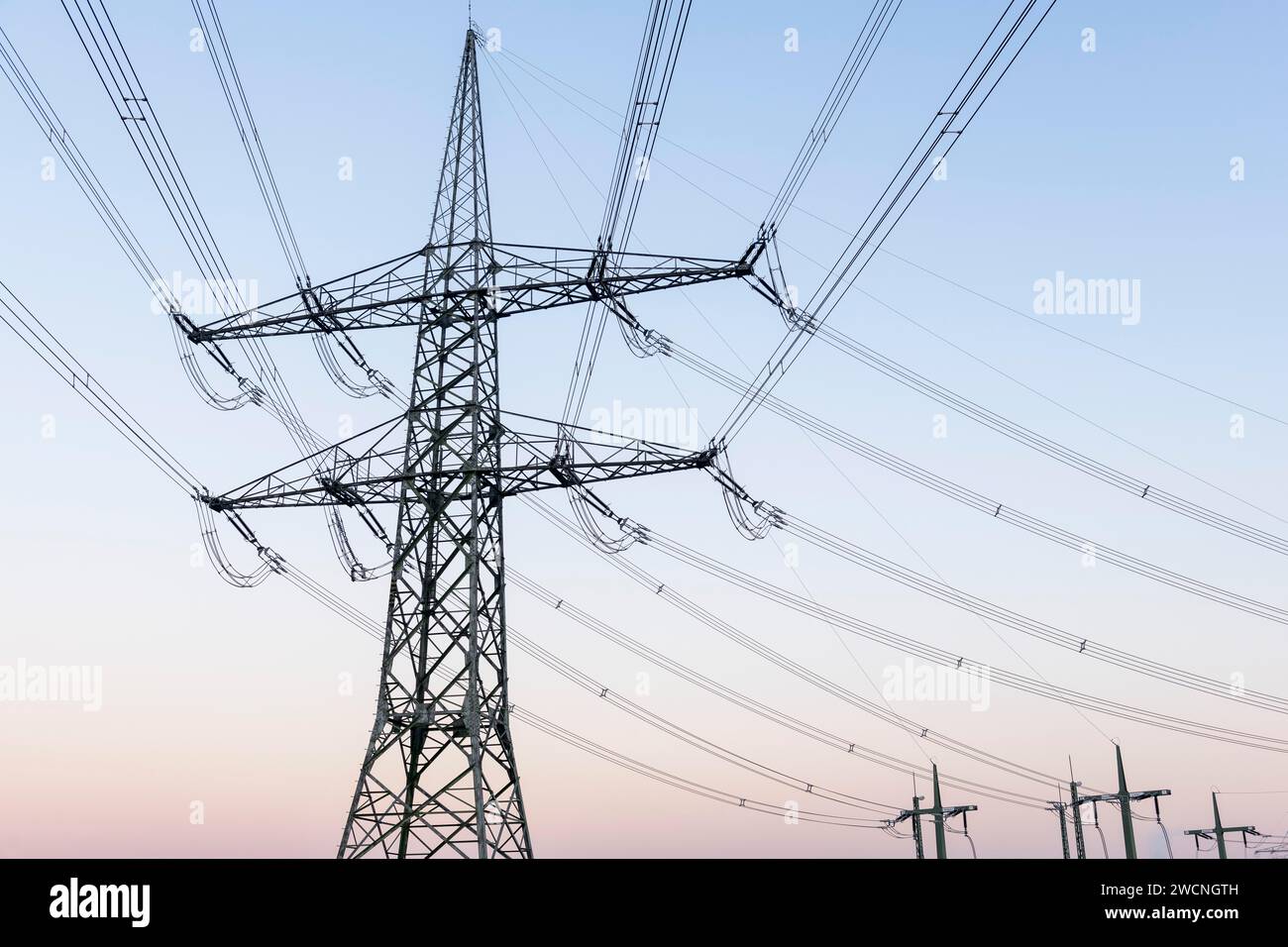 Power pole, power lines, overhead line, Baden-Wuerttemberg, Germany ...