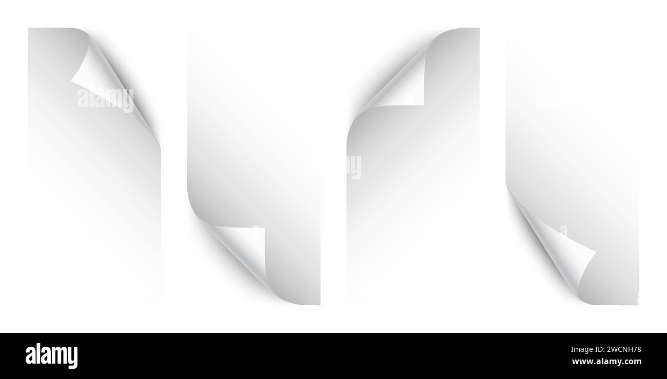 Set of white paper curls. Curled page corner with shadow. Blank sheet ...