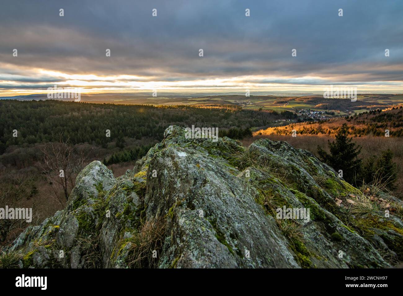 Landscape at the Grosser Zacken, Taunus volcanic region. A cloudy ...