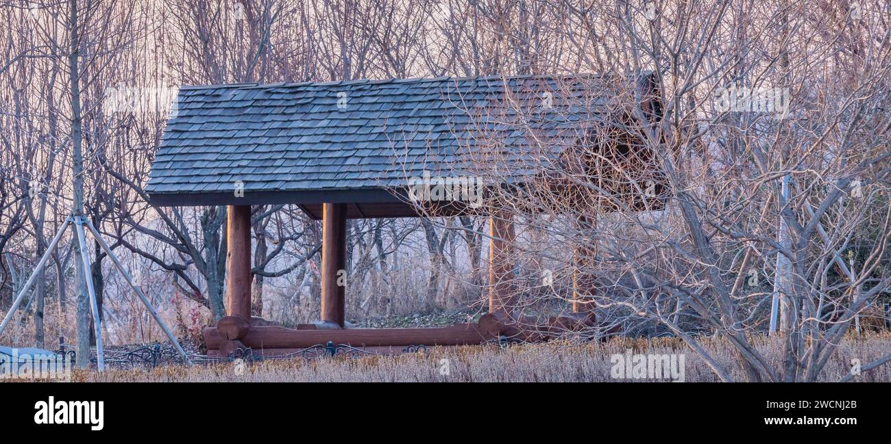 Covered pavilion in natural woodland park at sunset with soft sunlit ...
